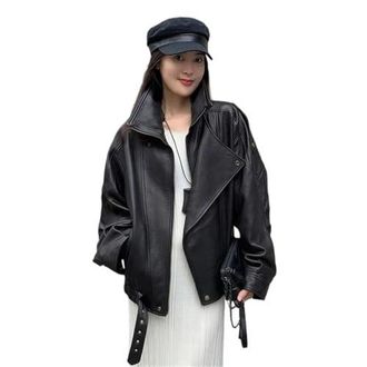 Generic Veste de motard en cuir synth&eacute;tique noir &agrave; manches longues pour femme, Noir, S
