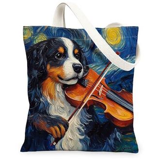 Generic Sac fourre-tout en toile motif chien de montagne bernois 33 x 38 cm, motif violon &eacute;toil&eacute;, sac d&eacute;picerie r&eacute;utilisable pour femme, animal domestique, ch