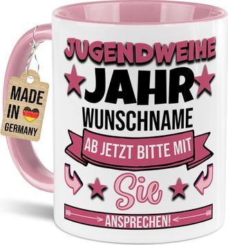 Tassendruck Tasse zur Jugendweihe mit Namen und Jahr selbst gestalten - Ab jetzt Bitte mit Sie ansprechen, pink - Personalisiertes Geschenk - Keramiktasse, 300 ml