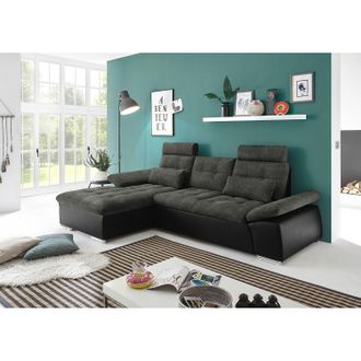 Fredriks home24 Ecksofa mit Schlaffunktion Schwarz/Grau/Schwarz/Anthrazit Kunstleder Lilo / Strukturstoff Satur 260 x 103 x 170cm Longchair davorstehend links
