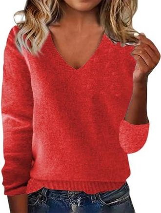 Generic Pull chaud &agrave; col en V et manches longues uni et confortable en laine m&eacute;lang&eacute;e l&eacute;g&egrave;re et douce pour lhiver, Rouge, XXL