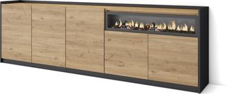 Skraut Home | Sideboard, Highboard | Kommode, Komodenschrank | 260x80x37 cm | 5 Türen | Elektrokamin. | Moderner Stil | Eiche Schwarz