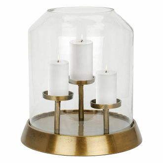 Loberon Windlicht Vemesto, Handgefertigt, Imposante Gr&ouml;&szlig;e, Platz f&uuml;r DREI Stumpenkerzen, Dekoration, Wohn-Accessoire, Aluminiumguss, Glas, antikmessing/klar