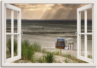 Artland Wanddeko Leinwand Bilder Wandbild 130x90 cm Fensterblick Fenster Strand D&uuml;ne Meer Maritim Strandkorb K&uuml;ste Insel T6AM