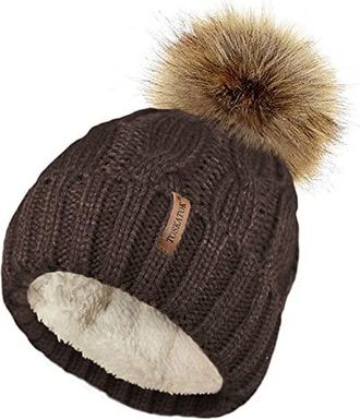 TOSKATOK Mesdames trapu Douce câble Bonnet en Tricot avec Confortable Doublure Polaire Amovible en Fausse Fourrure et Pompon