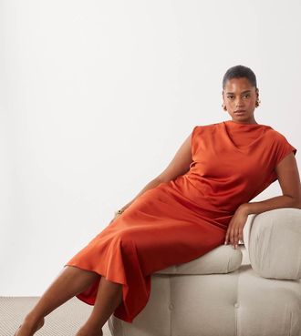 Asos Curve ASOS DESIGN Curve - Hochgeschlossenes Midikleid aus Satin in Rostrot mit Falten am Oberteil-Gr&uuml;n