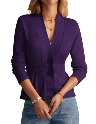 Grace Karin Damen Casual Langarm V-Ausschnitt Strickjacke Elegant R&uuml;schensaum Strick Cardigan mit Taille Dunkelviolett 2XL
