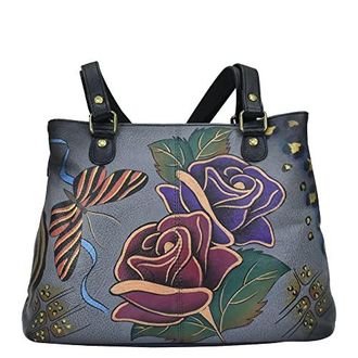 Anuschka Shoulder Satchel, Sac à bandoulière pour Femme en Cuir véritable Peint à la Main Gris, Rose Safari Grey, Taille Unique