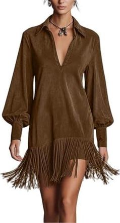 Generic Robe d&eacute;contract&eacute;e &agrave; manches longues et col en V avec franges et poches pour femme, caf&eacute;, XXL