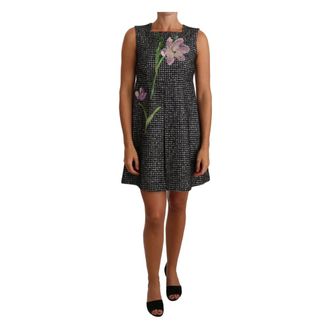 Dolce & Gabbana Femme, Robes, Gris, Taille: 36 FR Houndstooth Floral Appliqu&eacute; Shift Dress
