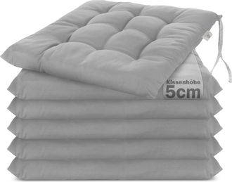 Brandsseller 6er Set Stuhlkissen 40x40x5 cm Sitzkissen Polster Stuhlauflage mit Haltebändern Dekokissen für Indoor Outdoor gesteppt - Hellgrau