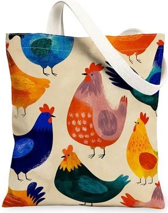 Generic Sacs fourre-tout fantaisistes en toile de poule, motif oiseaux color&eacute;s, sacs r&eacute;utilisables, vintage, l&eacute;gers et lavables en toile pour voyage magasin, 