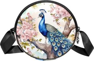 Generic Petit sac &agrave; bandouli&egrave;re Circle pour femme, motif paon et cerise, petit sac &agrave; dos &agrave; bandouli&egrave;re avec fermeture &eacute;clair, bretelles r&eacute;glables, sac &agrave; main 