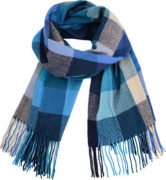 Glamexx24 Damen Winter Kariert Schal, Strickset Schal &uuml;bergro&szlig;er Quadratisch Deckenschal Halstuch Streifen Muster Fransen Ponch, Blau-D.Blau-Beige