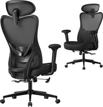 Songmics Chaise de Bureau Ergonomique, Fauteuil de Bureau, Appui-Tête et Soutien Lombaire Réglables, Supporte Jusquà 150 kg, Hauteur Réglable, Noir dencre OBN0