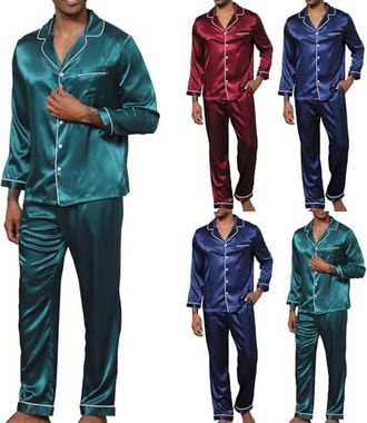 Generic Pyjama en satin &agrave; manches longues et pantalon &agrave; taille &eacute;lastique pour homme - V&ecirc;tement de nuit boutonn&eacute; en soie lisse - Confortable - Manches roul&eacute;es 