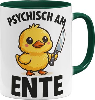 OM3 Psychisch am Ente Kaffee-Tasse mit Spruch - Spruchtasse Fun Motiv - Schwarzem Humor - Keramik Becher - 325ml - Beidseitig Bedruckt - Gr&uuml;n