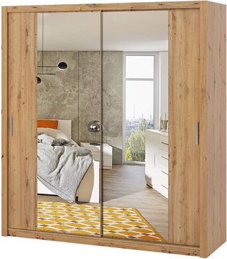 Selsey Rinker - Schwebet&uuml;renschrank/Kleiderschrank 2-t&uuml;rig mit 2 Kleiderstangen, 200 cm (Eiche Artisan mit Spiegel)