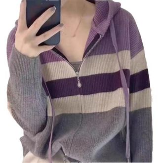 Generic Chandails &agrave; capuche ray&eacute;s contrast&eacute;s pour femmes, double fermeture &eacute;clair, cardigan &eacute;l&eacute;gant &agrave; manches longues en tricot, violet, XL