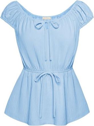 Belle Poque Tunique vintage &agrave; manches courtes avec col en U et cordon de serrage pour femme, bleu clair, M
