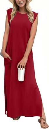Generic Robe longue d&eacute;t&eacute; d&eacute;contract&eacute;e sans manches pour femme 2026 - Coupe ample et tendance - Pour les vacances et la plage, bordeaux, XXL