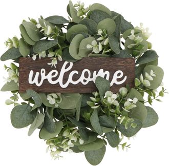 Soimiss K&uuml;nstliche Eukalyptus Kranz Bl&auml;tter Zweig GirlandeWillkommensschild T&uuml;rkranz Willkommen T&uuml;rschild Wandkranz f&uuml;r Wohnzimmer Wanddeko Hochzeit Fr&uuml;hling 