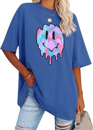 Dresswel Oversize Shirt Damen Lustige Emotionen Druck T-Shirt Kurzarm Rundhals Neuheit Tshirts Sommer Tops Lose Lang Oberteile Bluse f&uuml;r Teenager M&auml;dchen