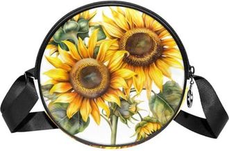 Generic Petit sac &agrave; bandouli&egrave;re rond pour femme, motif tournesol avec fermeture &eacute;clair, bretelles r&eacute;glables, style d&eacute;contract&eacute;, pour femmes et filles