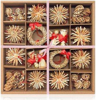 Com-Four Ensemble d&Eacute;toiles en Paille 56 Pi&egrave;ces - Ornement et Suspension pour Arbre de No&euml;l - D&eacute;coration Naturelle - &Oslash; 3-6 cm