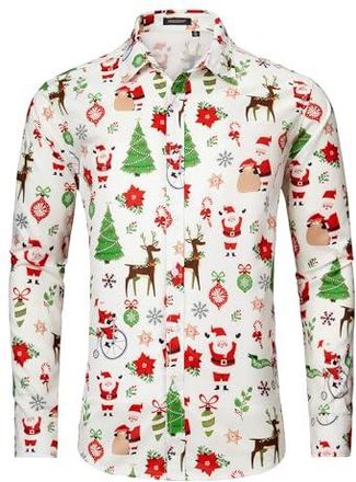 Hisdern Chemise No&euml;l Homme Manches Longues Casual Funky Imprim&eacute;e Chemise Blanc de Noel Regular Fit M
