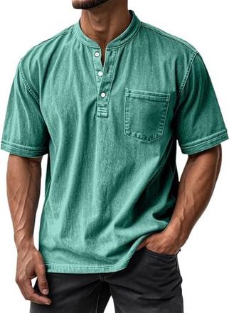 Generic Polo en coton pour homme, grande taille, col rond 1/4 bouton, avec poche poitrine, coupe confortable, couleur unie, t-shirt Henley pour l&eacute;t&eacute;, la plage