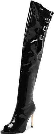 Generic Sandales &agrave; talons aiguilles pour femme - Bout pointu - Sangle &agrave; boucle - Fermeture &eacute;clair lat&eacute;rale - &Agrave; enfiler - Tendance au-dessus du genou, Noir, 38