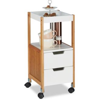 Relaxdays Chariot roulant Bambou, mdf, 2 tiroirs, plateau et étage, console dappoint, desserte, 69x30x30 cm, blanc - Relaxdays