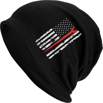 Generic Bonnet en Tricot Drapeau Américain des Ferronniers Stretchy Beanie Tricoté Élégant Skull Casquette pour Course Homme Hiver