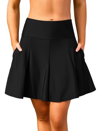 SHEKINI Damen High Waisted Swim Rock Seitentaschen Badeanzug Bottom mit eingebauter Short (Schwarz, X-Large)