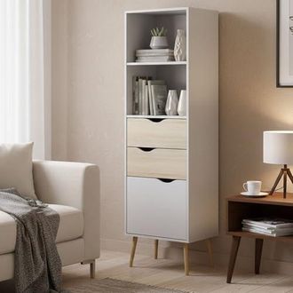 Dmora B&uuml;cherregal im skandinavischen Stil mit zwei Regalen, zwei Schubladen und einer T&uuml;r, Wei&szlig; und Eiche, Ma&szlig;e 50 x 171 x 39 cm