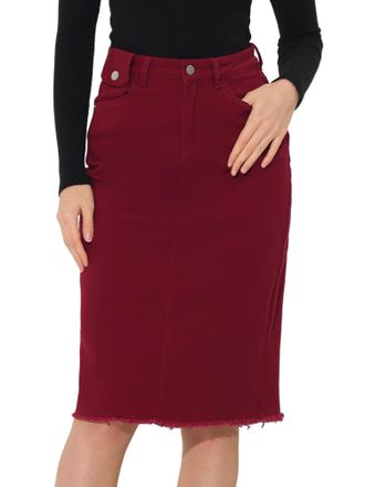 Allegra K Freizeit-Jeansrock f&uuml;r Damen, hohe Taille, mit Schlitz hinten, Stretch-Jeansrock, Dunkelrot, X-Klein