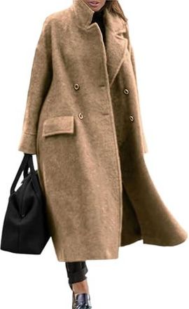 Generic Long manteau dhiver surdimensionné pour femme - Long manteau dhiver uni élégant et chaud en laine mélangée à revers sans ceinture, camel, L