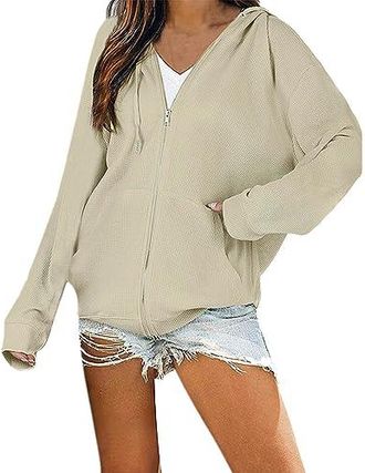 Generic Vestes &agrave; capuche &agrave; fermeture &eacute;clair pour femme 2026 - Imprim&eacute; surdimensionn&eacute; - Manches longues - Style streetwear des ann&eacute;es 90, beige, M