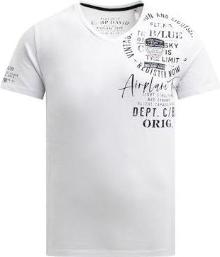 Camp David T-shirt à col en V pour homme avec imprimés et patchs usés, Couleur : blanc, XXL
