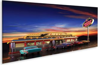 Islandburner Bild Bilder auf Leinwand Retro American Diner in der Abenddämmerung Wandbild Poster Leinwandbild QYW