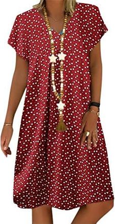 Minetom Robe Été Femme de Plage Rétro Bohême Robes Col V Robes au Genou Manches Courte Polka Dot Casual Grande Taille Tuniques Ample C Rouge 46