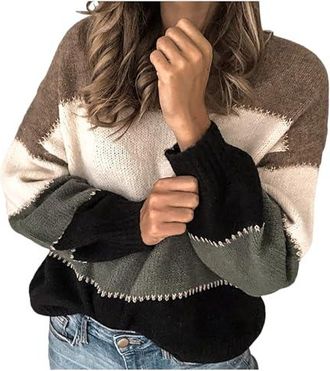 Generic Pull Chaud Femme Manche Longue- Pull Hiver Rayures Couleur Assortie Col Rond Coupe Ample D&eacute;contract&eacute; Sweater Chic Et &Eacute;l&eacute;gants Confortable Doux Temp&eacute;ra