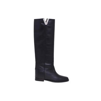 Via Roma 15 Schwarze Lederstiefel mit Kristall V-Applikation - - Shoes - Damen - Schwarzk - 37 EU