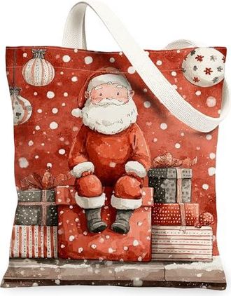 Generic Sacs fourre-tout en toile de No&euml;l, motif P&egrave;re No&euml;l festif, sacs de courses r&eacute;utilisables, mignons, l&eacute;gers et lavables avec bandouli&egrave;re en toile pour c