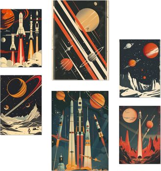 Nacnic Set mit 6 Postern Raumschiff, Rakete, Planeten Vintage-Rot- und Blautöne Designillustrationen zur Dekoration der Wände Ihres Zuhauses. Räume A3 & A4 R