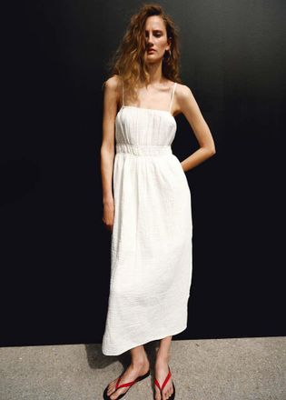 Mango Robe longue 100 % coton &agrave; fronces blanc - Femme - XS - MANGO