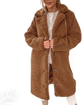 Generic Vestes longues en polaire Sherpa ouvert sur le devant pour femme Veste chaude à revers en fausse fourrure Manteau long Vestes dextérieur, Marron., XXL