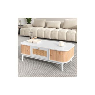 Liberte Libert&eacute; - Table basse en rotin, Tiroirs avec rotin et portes coulissantes avec lattes en bois massif, Pieds en bois massif, Style campagne - Blanc