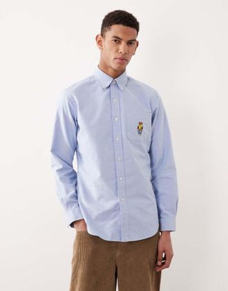 Polo Ralph Lauren Chemise Oxford ajustée avec logo Polo Bear tiré darchives - Bleu clair